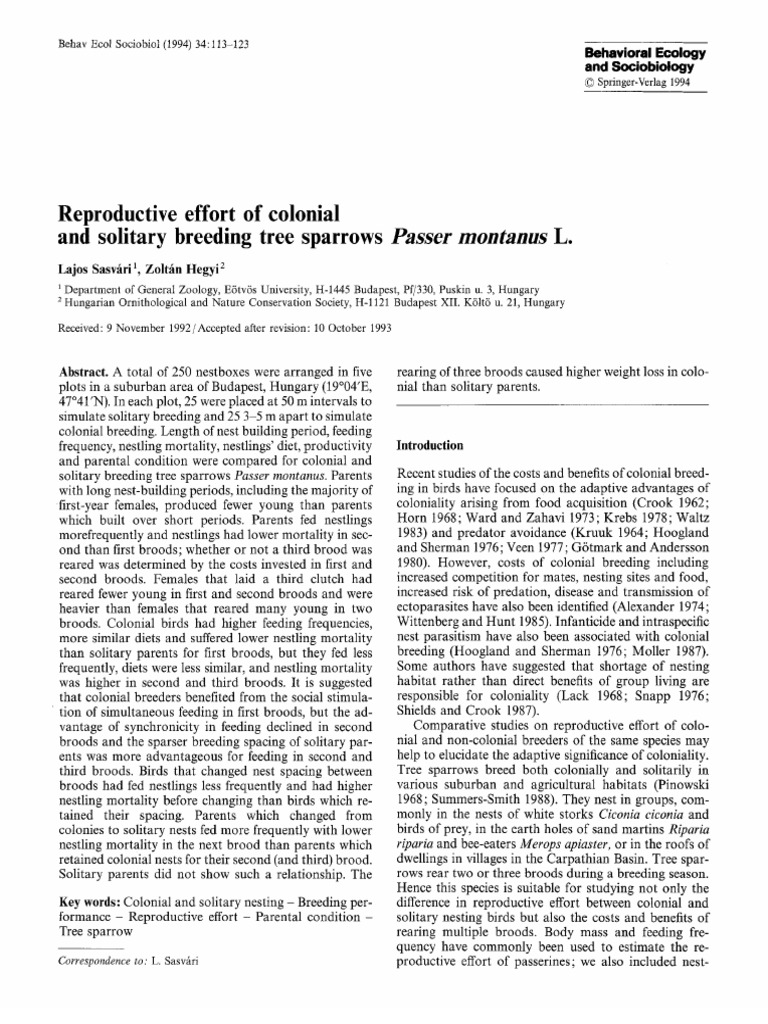 Reproductive Effort of Colonial and Solitary Breeding Tree Sparrows ...
