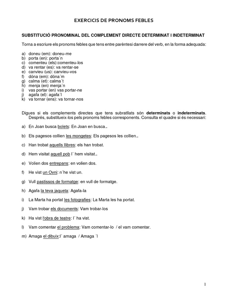 Exercicis de Pronoms Febles 1 | PDF