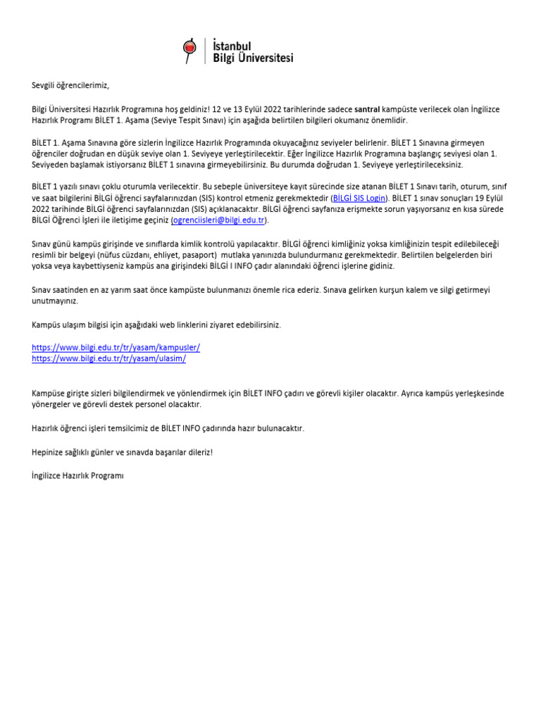 Bilet 1 Sinavi Yonergeleri 2022 23 | PDF