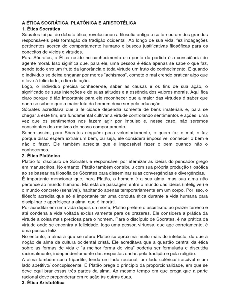 A Etica Socratica, Platonica e Aristotelica | PDF | Sócrates | Aristóteles