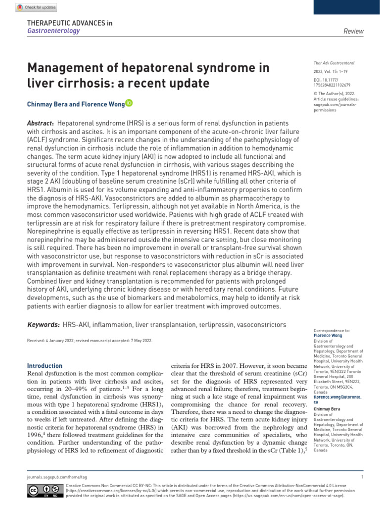 Management of Hepatorenal Syndrome in Liver Cirrhosis A Recent Update ...
