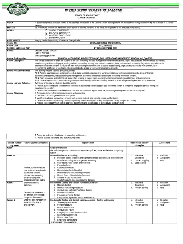 Cost Acctg Syllabus 2nd Sem 2324 Pdf Cost Accounting System