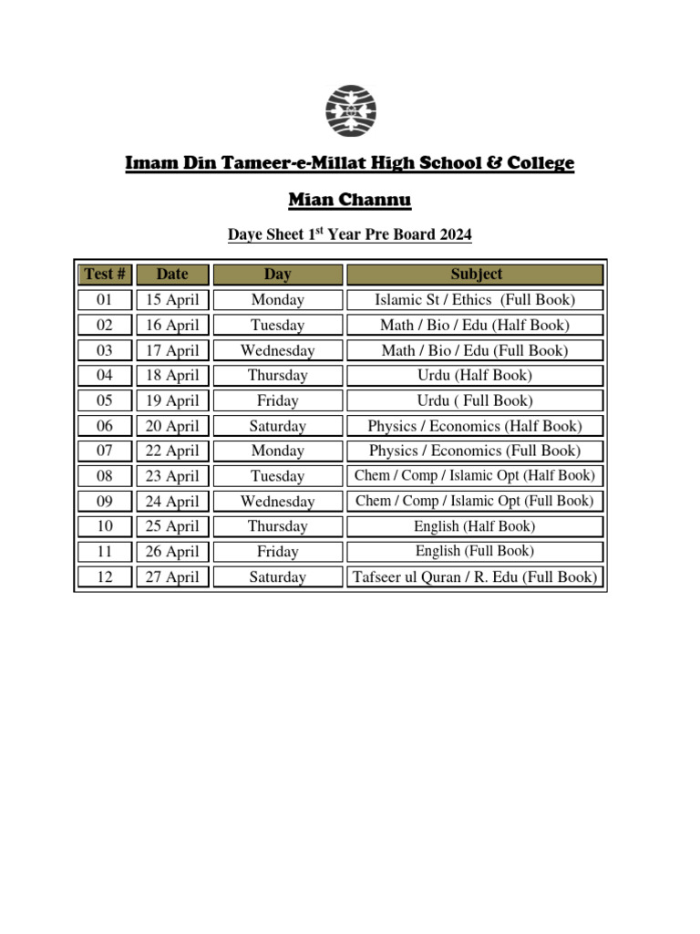 1st Year Pre Board 2024 Schedule | PDF
