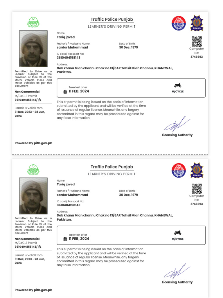 Traffic Police Punjab: Learner'S Driving Permit | PDF | Identity ...
