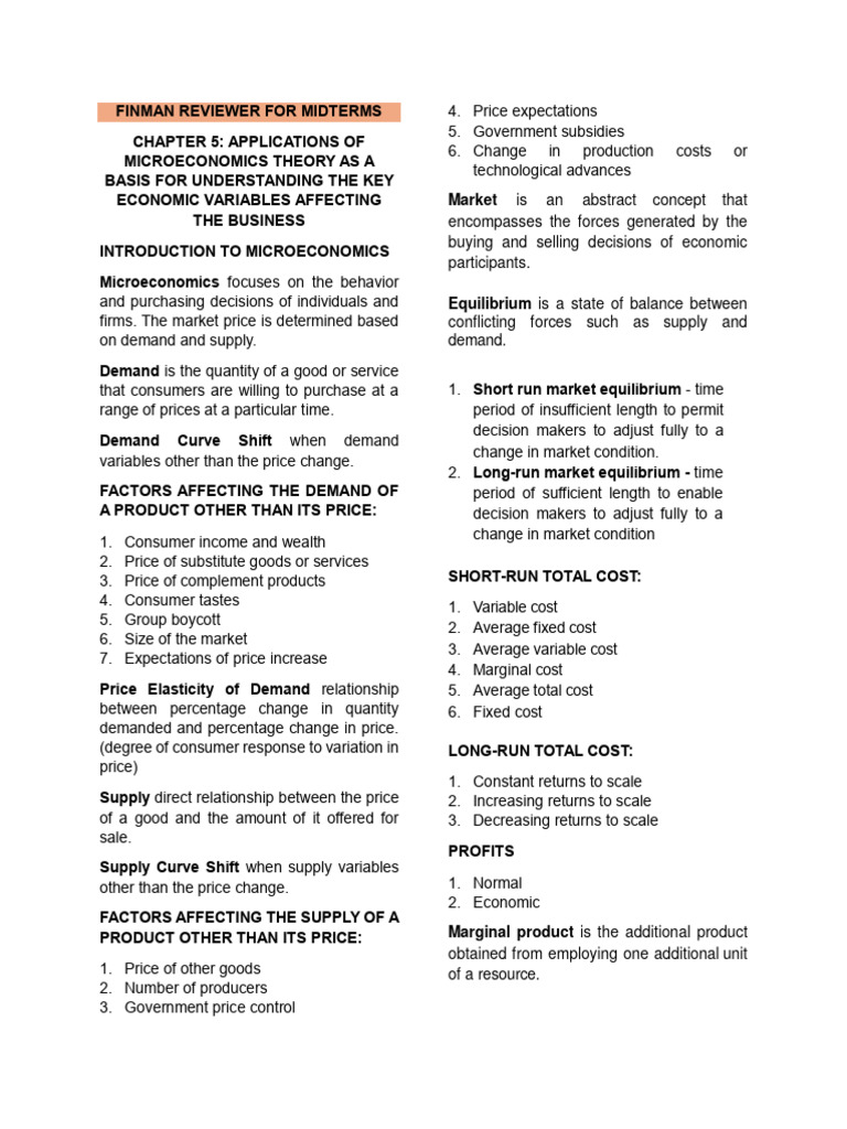Finman Reviewer For Midterms | PDF | Supply And Demand | Long Run And Short Run