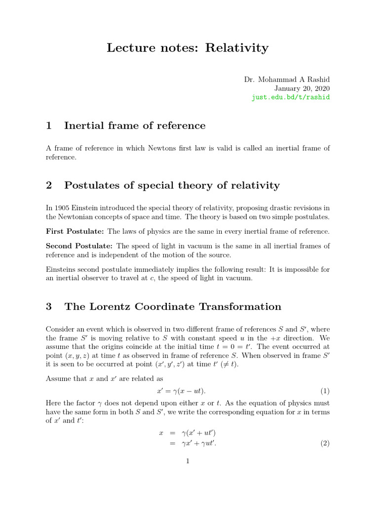 Special Theory of Relativity | PDF | Special Relativity | Mathematical ...