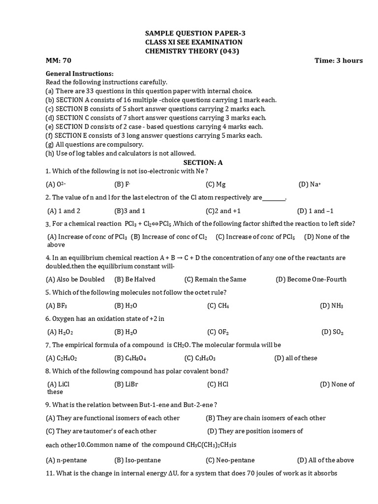 Xi Chem Sample Question Paper-3 | PDF | Mole (Unit) | Molecules