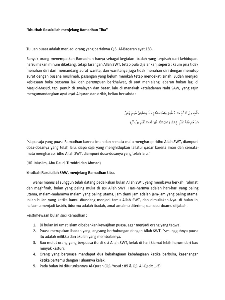 Khutbah Rasulullah SAW Menjelang Ramadhan Tiba | PDF