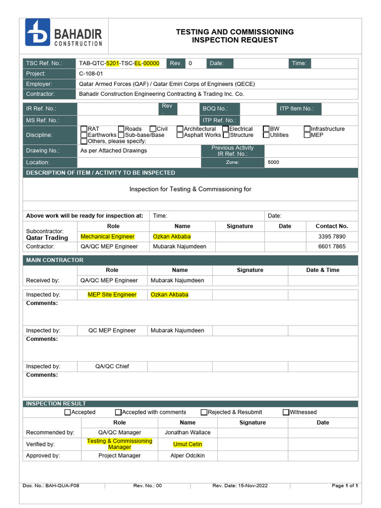 Testing and Commissioning Inspection Request R00 | PDF | Science ...