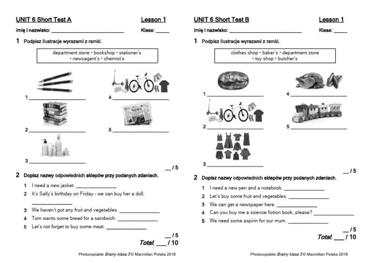 Brainy kl5 Short Tests Unit 6 Lesson 1 | PDF
