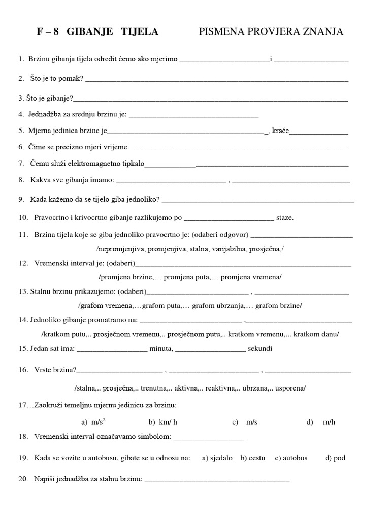 F-8 Gibanje-Primjer Testa | PDF