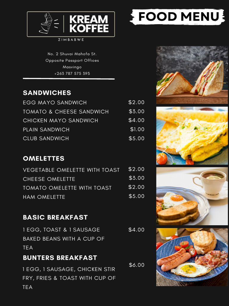 Kream n Koffee Zimbabwe Menu | PDF | Asian Cuisine | Foods