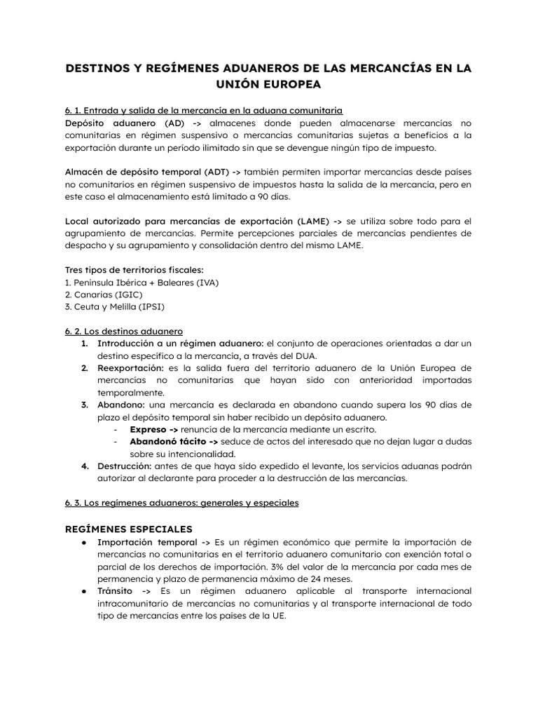Destinos y Regímenes Aduaneros de Las Mercancías en La Unión Europea - Gaci | PDF | aduana | El ...