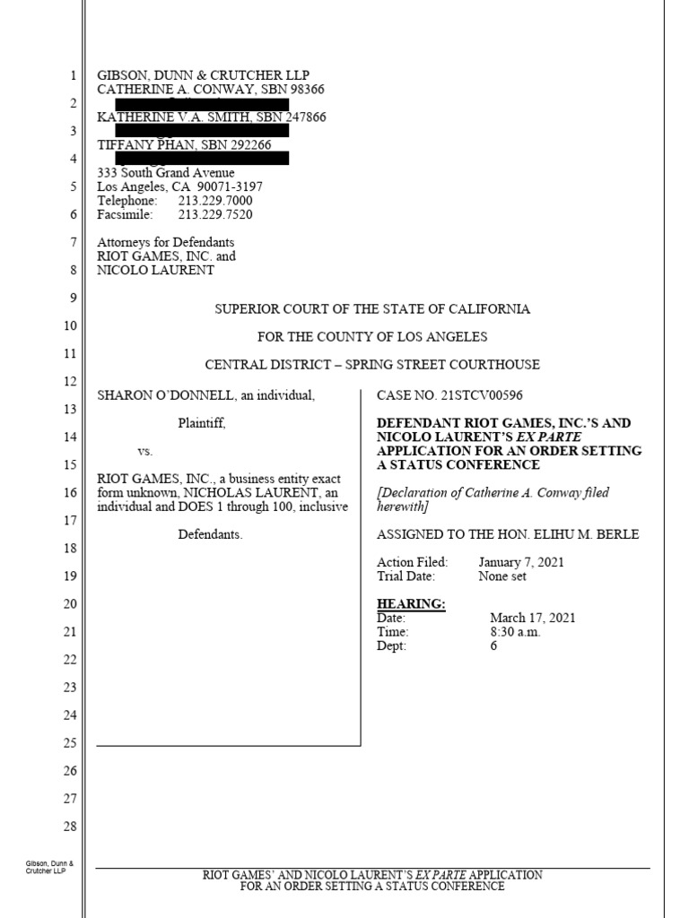 3 16 21 Ex Parte Application For An Order Setting A Status Conference Pdf Lawsuit Ex Parte