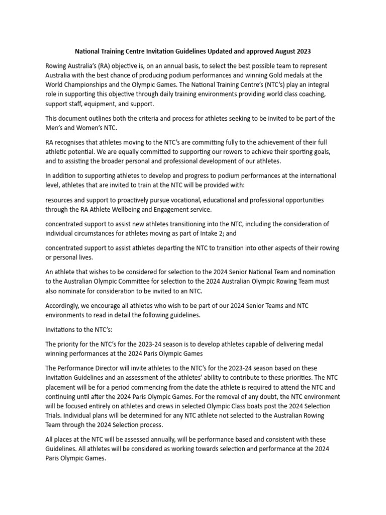 Rowing Australia's NTC Invitation Guide | PDF | Rowing (Sport ...