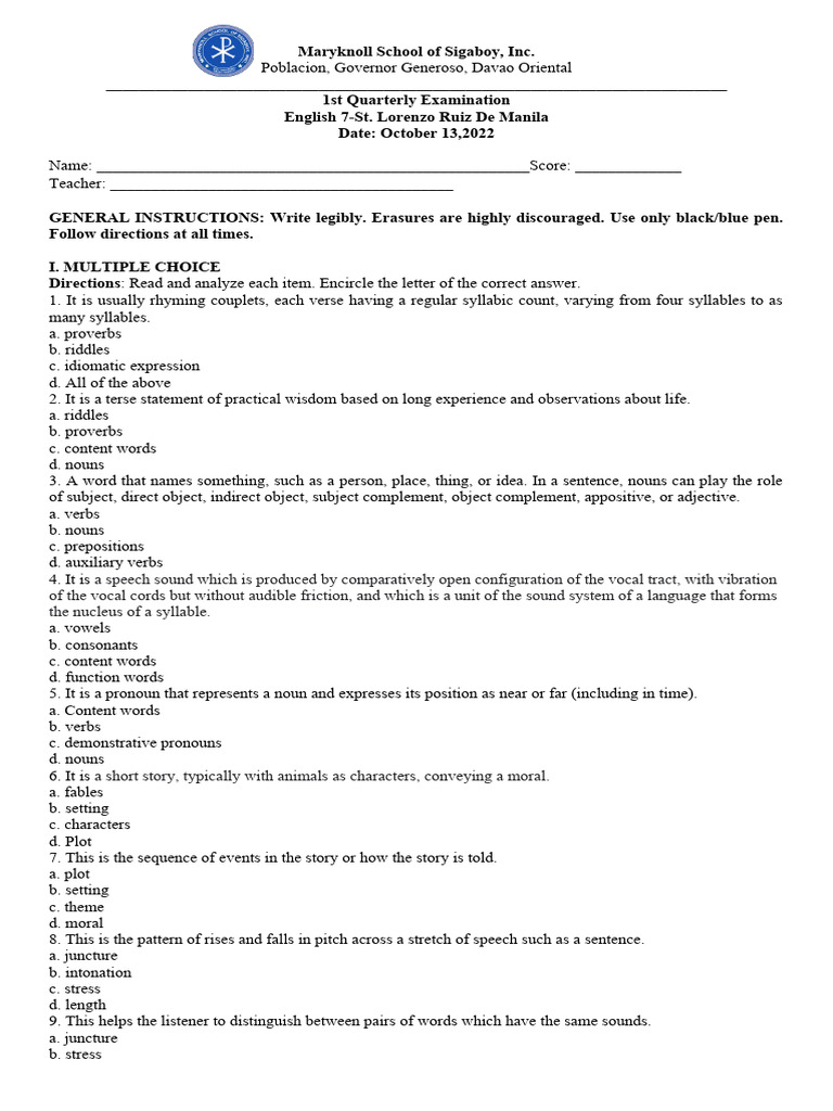 1st Quarterly Exam | PDF | Syllable | Noun 1st Quarterly Exam | PDF | Syllable | Noun