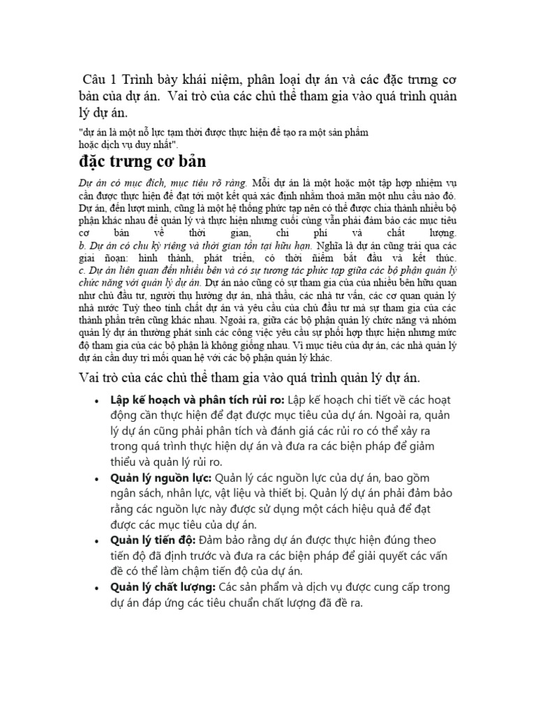 Câu hỏi ôn tập môn DA& QLDA | PDF