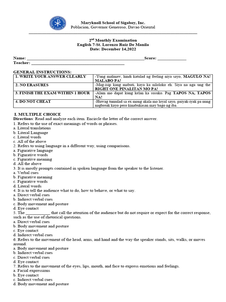 2nd Monthly Examination | PDF | Human Communication