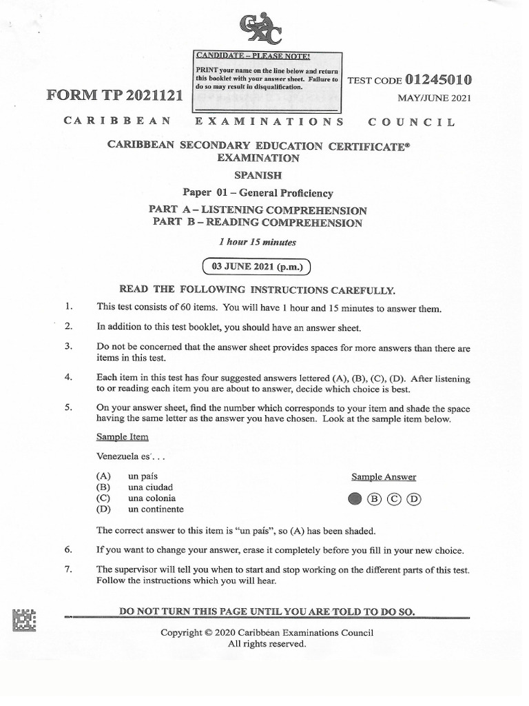 CSEC Spanish 2021 Paper 1 | PDF