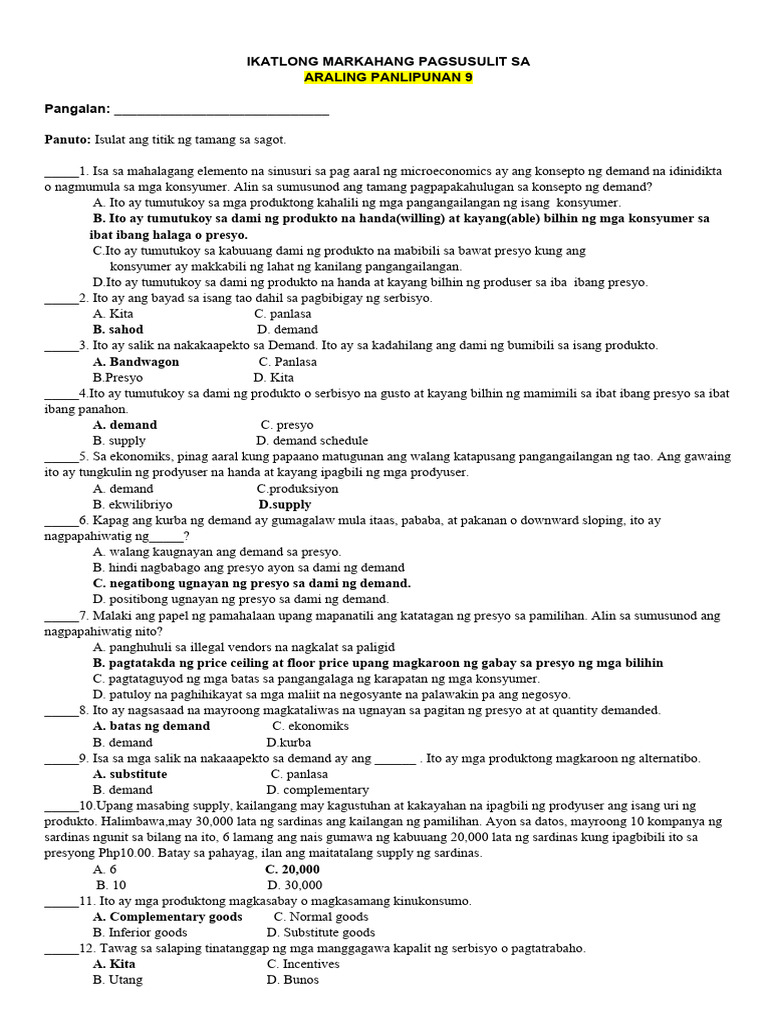 PT - G9 - ARALING PANLIPUNAN-45 Items | PDF