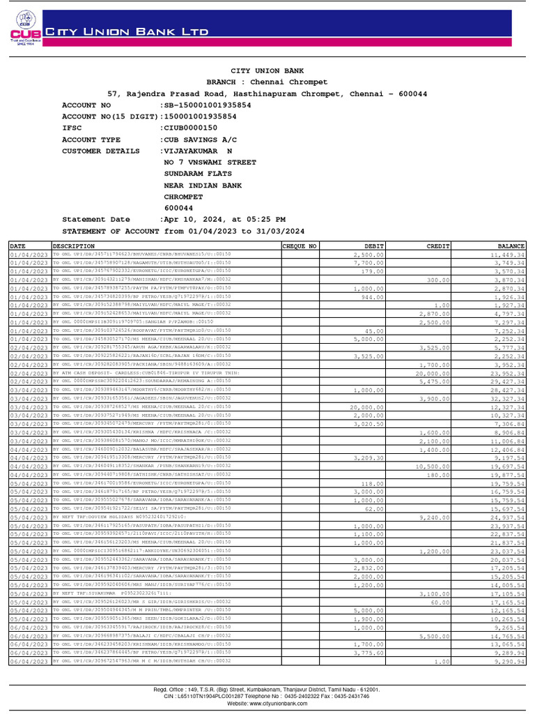 CUB Savings Account Statement 2023 | PDF | Debits And Credits ...