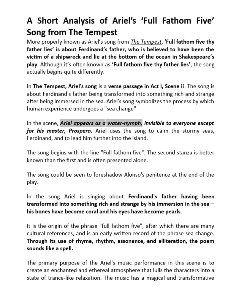 Ariel's Song: Full Fathom Five Analysis | PDF | The Tempest | Shakespearean Comedies