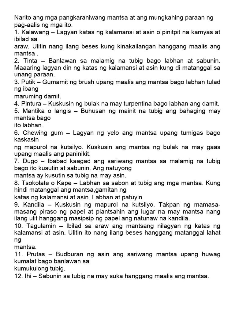 Narito Ang Mga Pangkaraniwang Mantsa at Ang Mungkahing Paraan NG | PDF