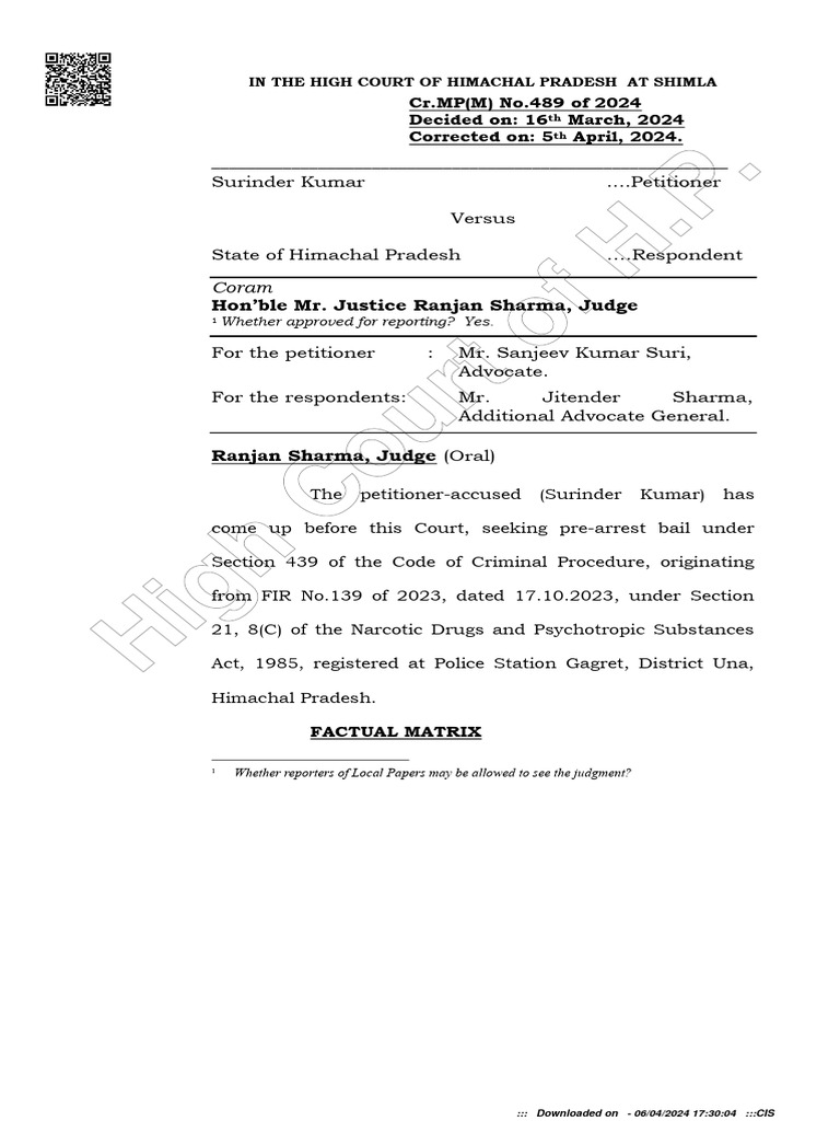 Surinder - Kumar - Vs - State - of - Himachal - Pradesh Small Quantity ...