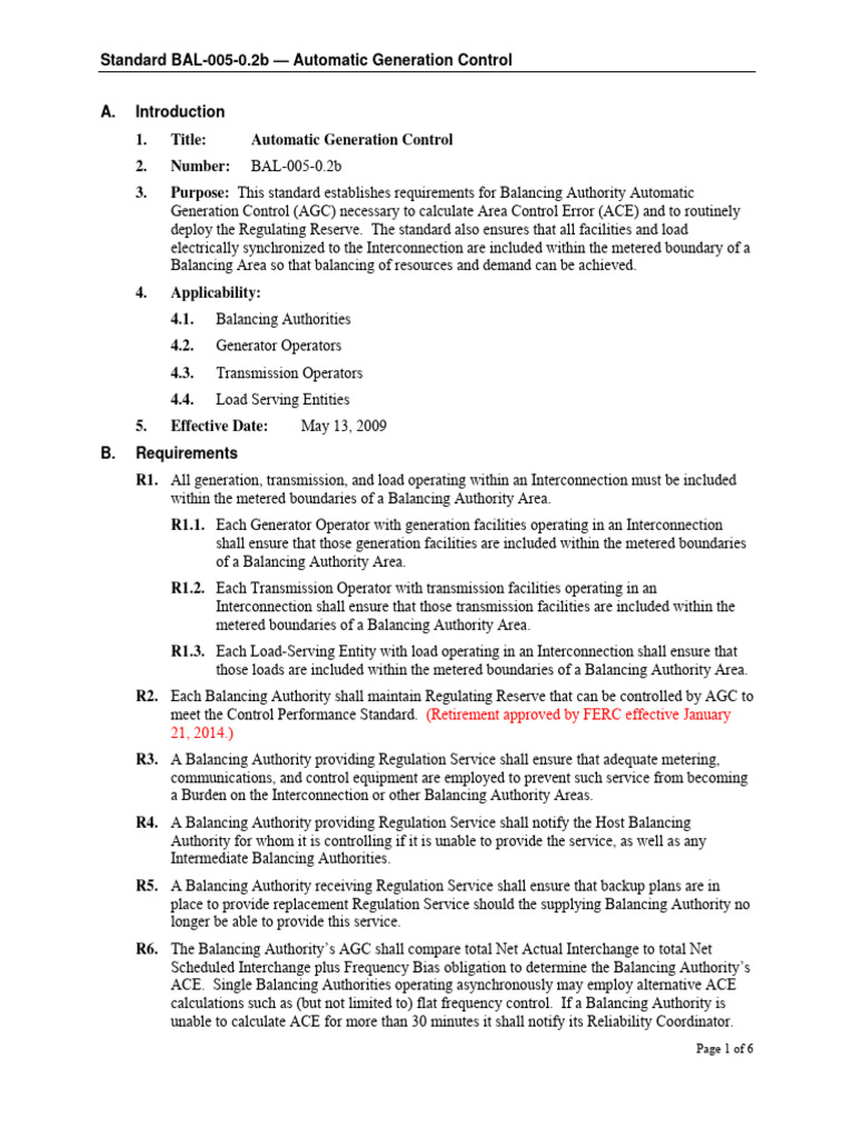 BAL-005-0.2b-NERC Automatic Generation Control | PDF | Calibration ...
