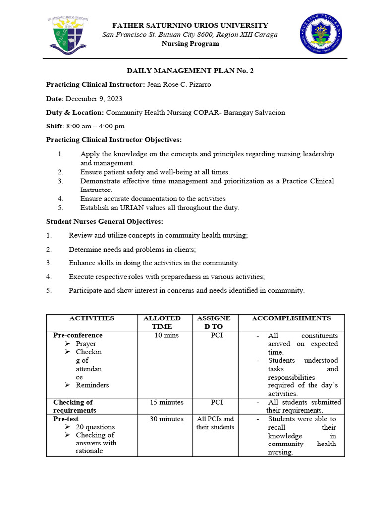 CHN Daily Management Plan 2 2 | PDF | Nursing | Medicine