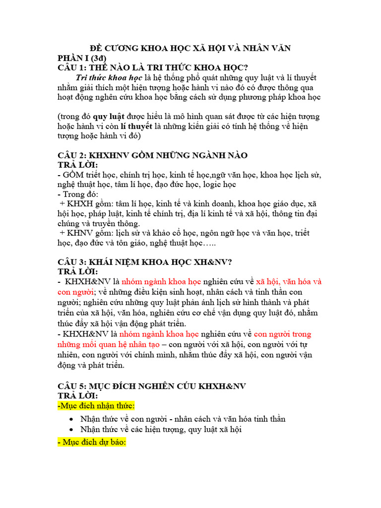 ĐỀ CƯƠNG NHẬP MÔN KHXH&NV CUỐI KÌ | PDF