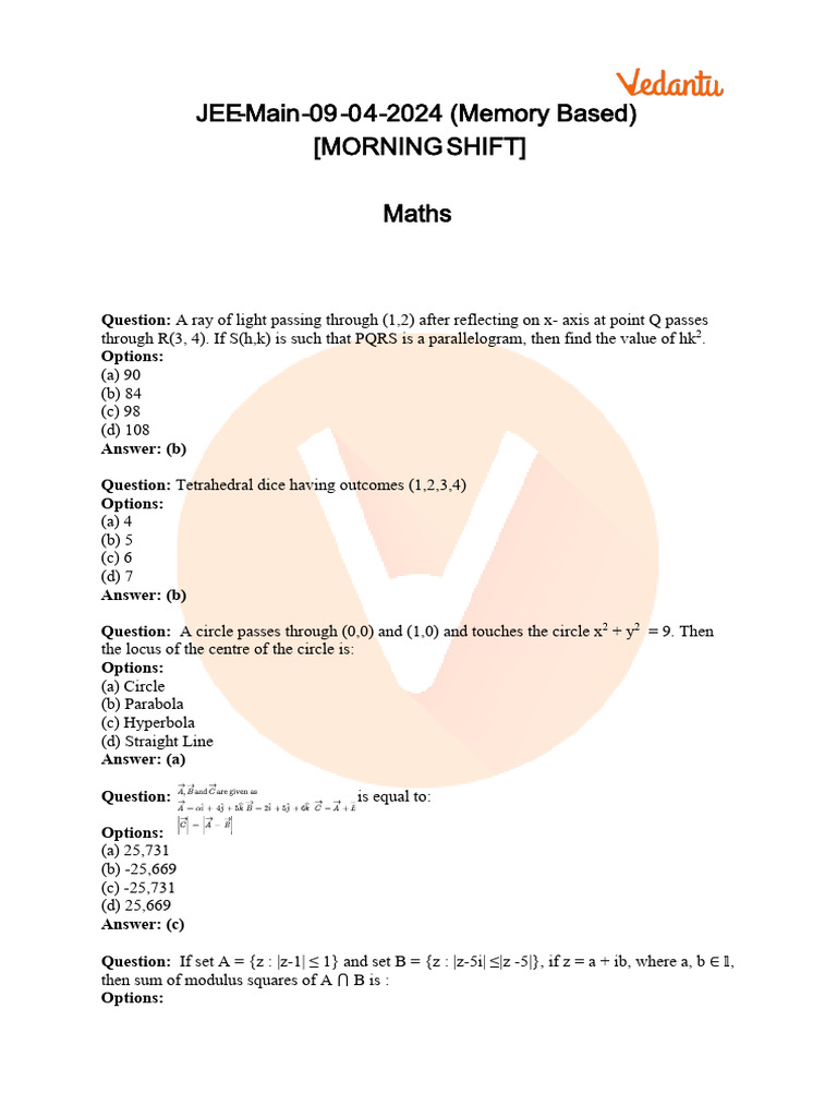 JEE Main 2024 April Maths Paper | PDF | Geometry | Mathematics