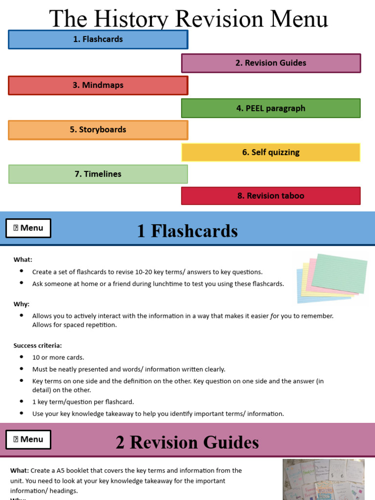 History Revision Menu - Revision Activities Ahead of MUAs and EUAs | PDF | Information | Flashcard