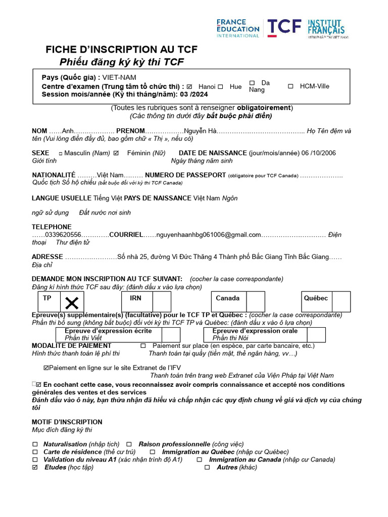 2023-Fiche-inscription-Phieu-dang-ky-thi-TCF (2) | PDF