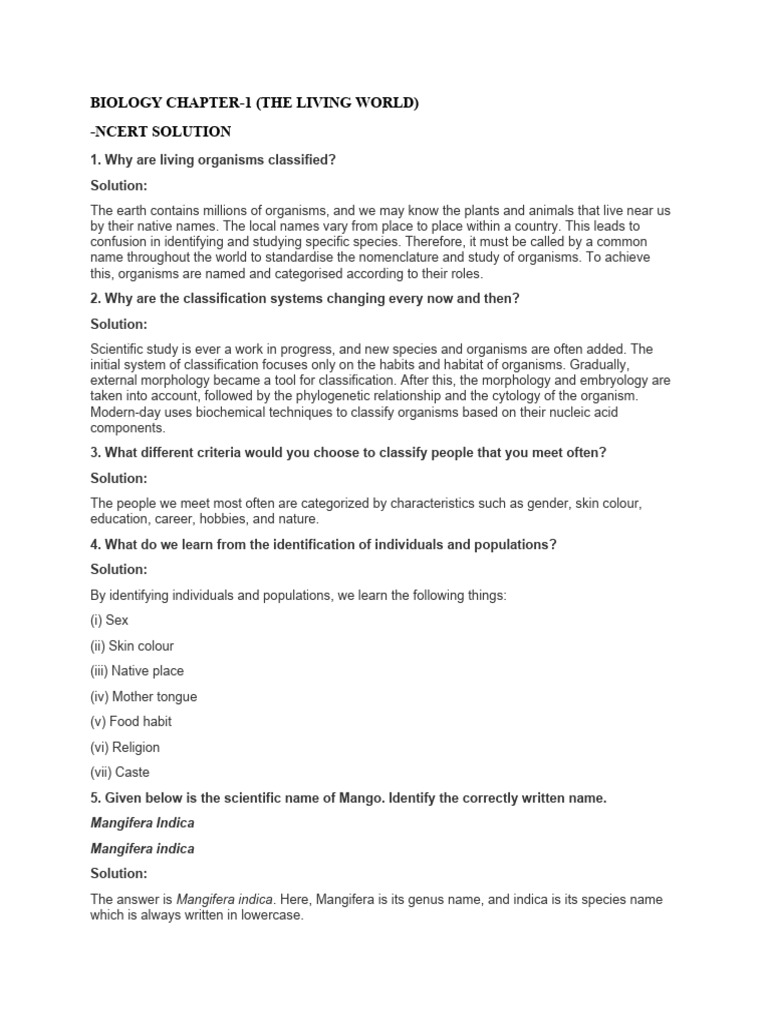 Biology Chapter 1 - Class 11 | PDF | Taxonomy (Biology) | Species