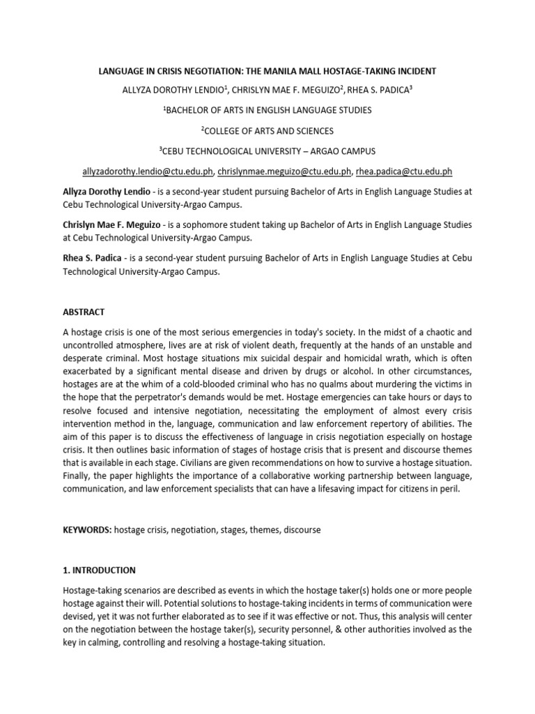 Language in Crisis Negotiation: The Manila Mall Hostage-Taking Incident ...