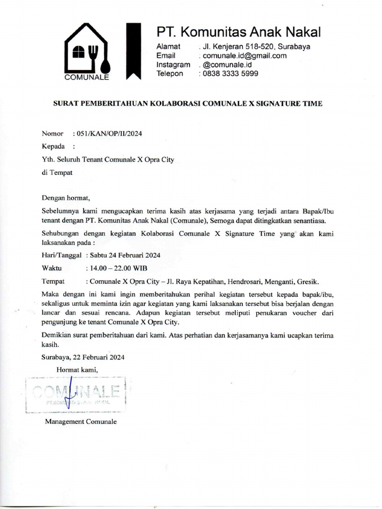 Surat Pemberitahuan Kolaborasi Comunale X Signature Time | PDF