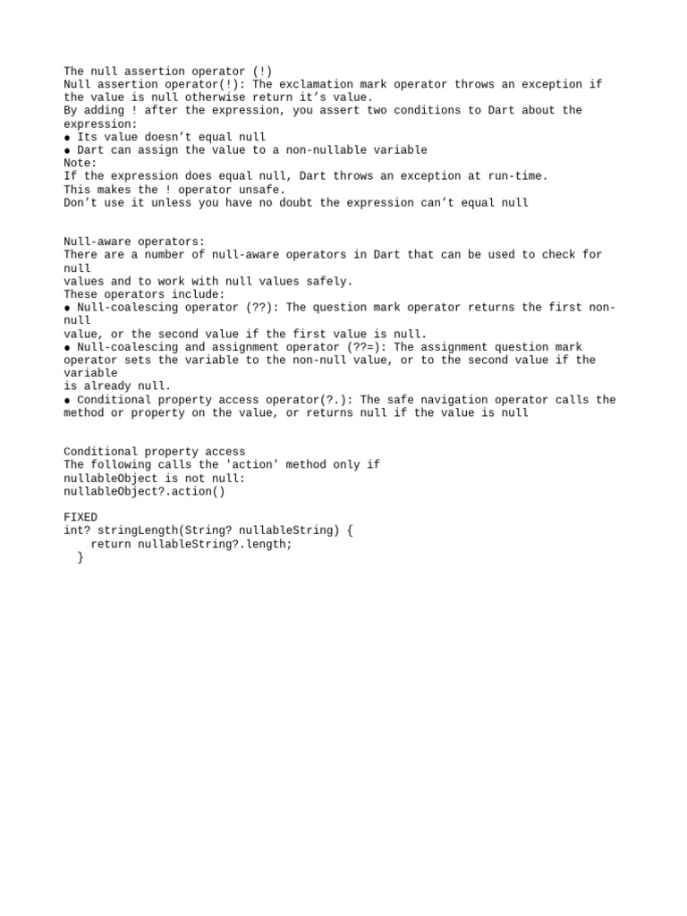 Dart Null Assertion & Aware Operators | PDF