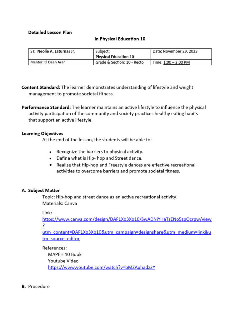 DETAILED-LESSON-PLAN-PE-10 | PDF | Hip Hop Music | Dances