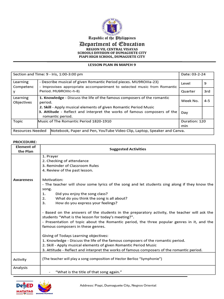 Lesson Plan in Mapeh 9 3rd Quarter | PDF | Symphony | Ludwig Van Beethoven