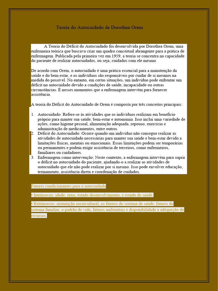 Teoria Do Autocuidado de Dorothea Orem | PDF