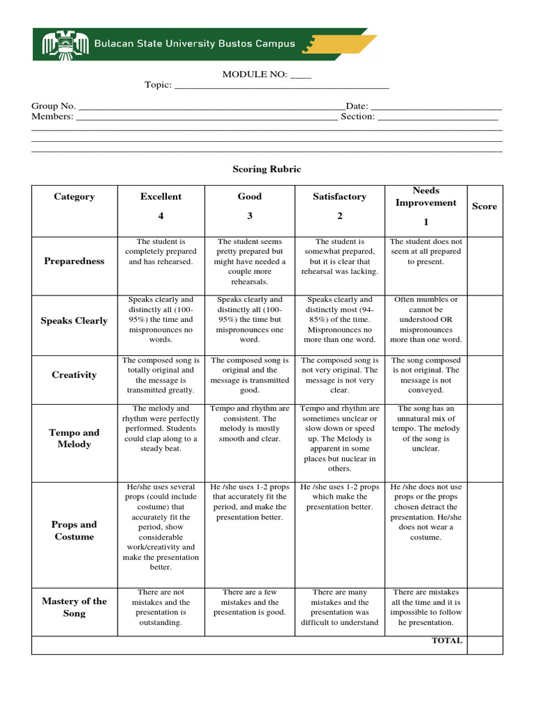 Song Presentation Scoring Rubric | PDF | Musical Compositions ...