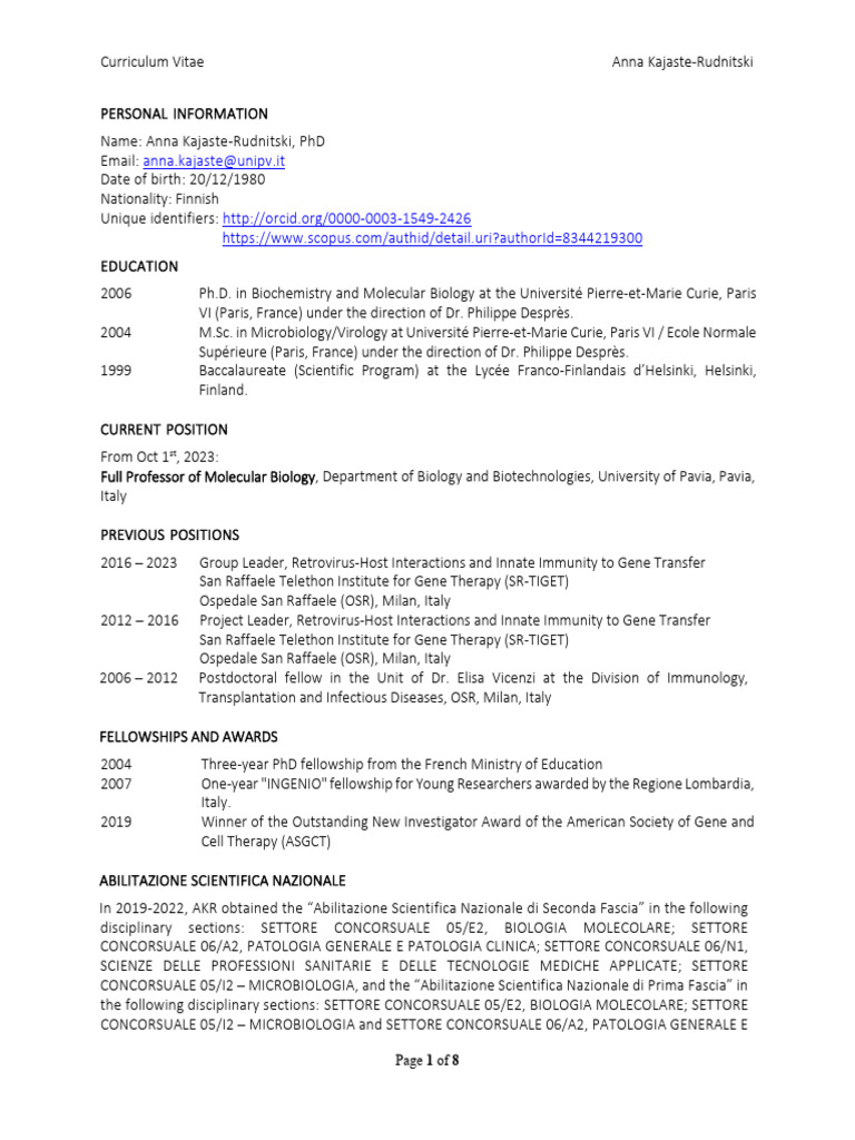 Anna Kajaste-Rudnitski CV: Molecular Biology | PDF | Gene Therapy | Viral Vector