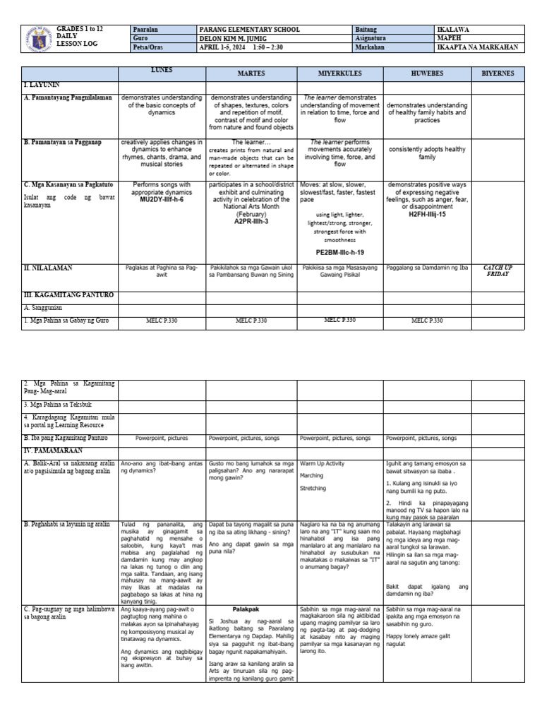 DAILY LESSON LOG MATH | PDF