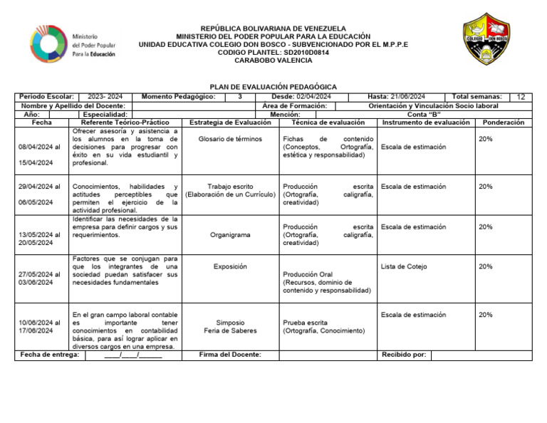 Plan de Evaluacion 2023-2024 -Orientacion Laboral | PDF | Evaluación | Plan de estudios