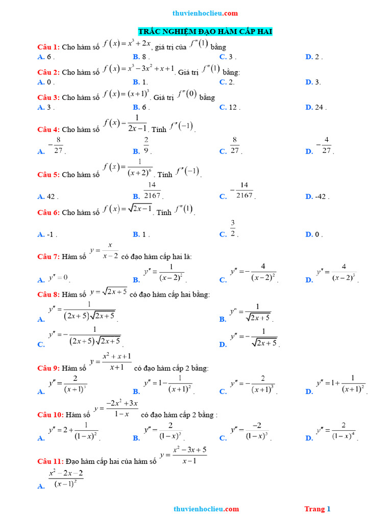 Trac Nghiem Dao Ham Cap Hai Hay | PDF