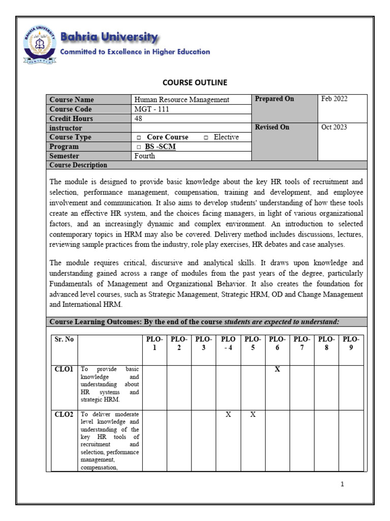 HR COURSE OUTLINE 23 13022024 101931am 08032024 122546pm | PDF | Human Resource Management ...