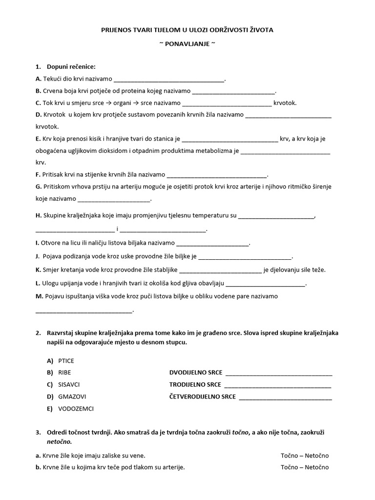 7.r. - PRIJENOS TVARI TIJELOM U ULOZI ODRŽIVOSTI ŽIVOTA - Ponavljanje ...