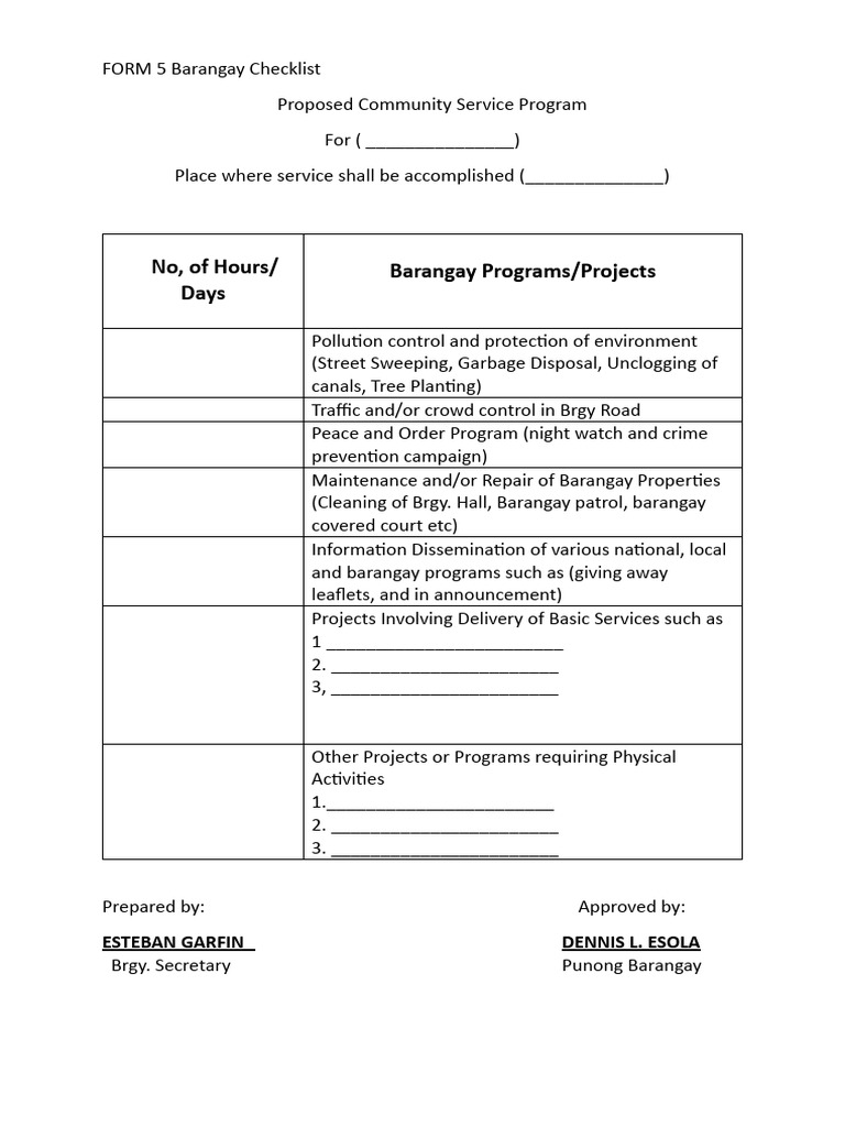 FORM 5 Barangay Checklist | PDF