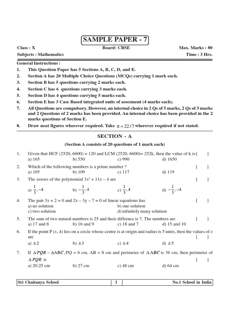 Sample Paper - 7 | PDF | Circle | Quadratic Equation